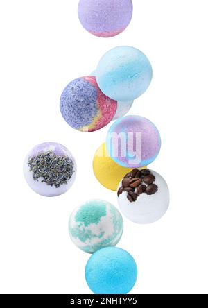 collage of organic bath salt, bath bombs and colorful soap near flowers ...