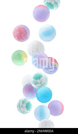 collage of organic bath salt, bath bombs and colorful soap near flowers ...