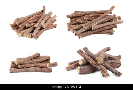Set with dried sticks of liquorice root on white background Stock Photo ...