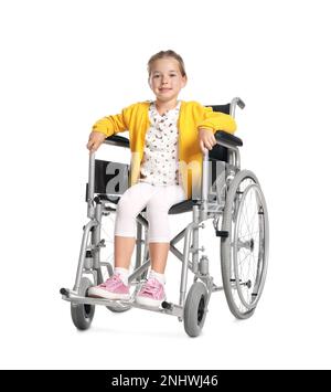 Little girl in wheelchair on white background Stock Photo - Alamy