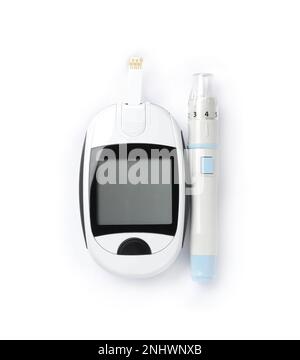 Modern glucometer with test strip and lancet pen on white background ...