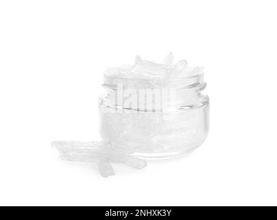 Menthol crystals in jar on white background Stock Photo - Alamy