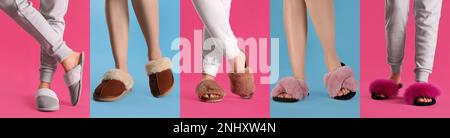 Collage with photos of women wearing stylish slippers on different ...