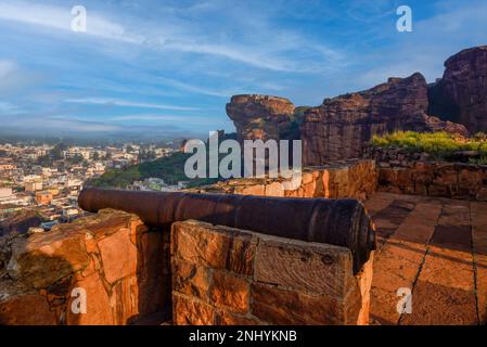 Canon mounted on top of Badami Fort built by Chalukya king Pulakeshin I ...