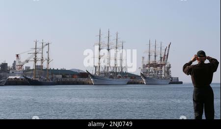 Sailing vessels gather at Tokuyama Kudamatsu Port during an event to ...