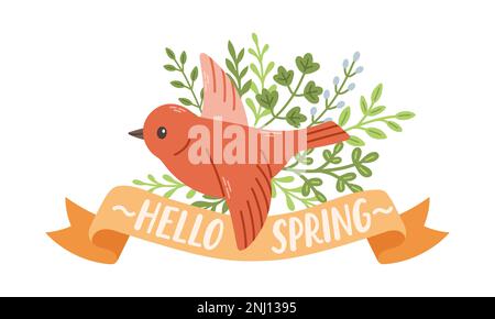 Spring label with season quotes, bird, ribbon. Hand drawn spring vector ...