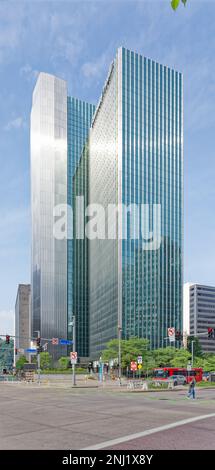 glass curtain wall and stainless steel rail, closeup of photo Stock ...