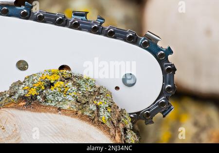 Modern chain saw and firewood,closeup Stock Photo - Alamy