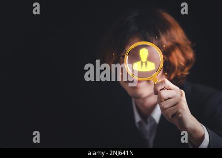 Asian businessman use magnifying glass for CRM, Customer Relationship ...