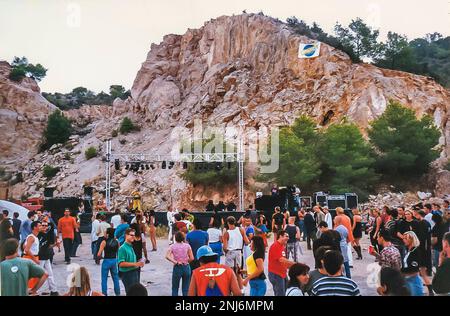 Open air dancefloor at dawn Orange Records rave in Ibiza 1996 at a ...