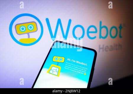 In this photo illustration the Woebot Health logo seen displayed on a ...