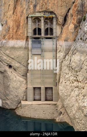 Canelles reservoir dam area during the 2022 drought with a low water ...