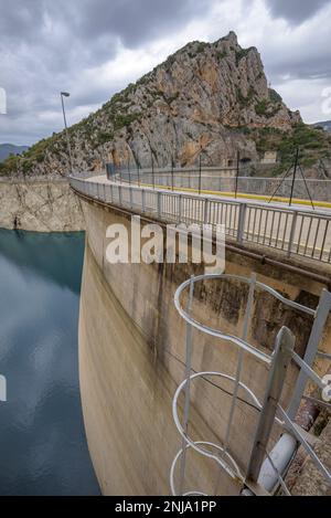 Canelles reservoir dam area during the 2022 drought with a low water ...