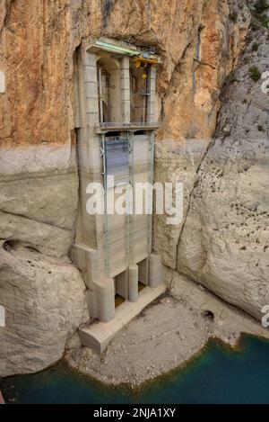 Canelles reservoir dam area during the 2022 drought with a low water ...