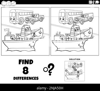 differences game with cartoon vehicles coloring page Stock Vector Image ...