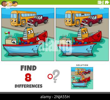 Find differences game for children. Transportation black and white ...