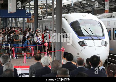 Tilting train is unveiled on JR Sasebo Line at Sasebo Station in Sasebo ...
