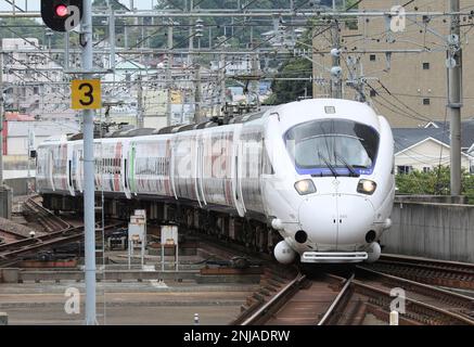 Tilting train is unveiled on JR Sasebo Line at Sasebo Station in Sasebo ...
