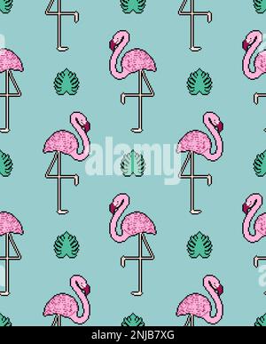 Pink flamingo pixel art pattern seamless. 8 bit water bird with pale ...