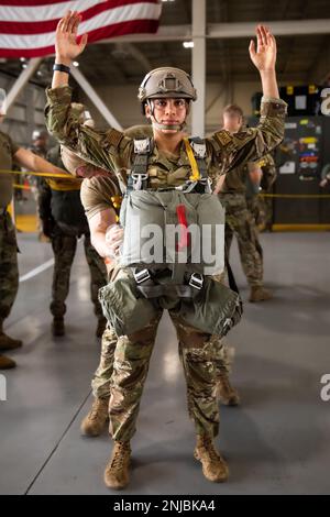 An International Paratrooper performs a static line airborne jump out ...