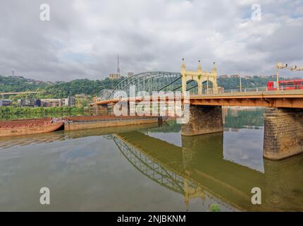 Smithfield Street Bridge, an unusual lenticular truss design, rests on ...