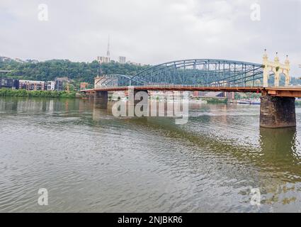 Smithfield Street Bridge, an unusual lenticular truss design, rests on ...