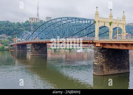 Smithfield Street Bridge, an unusual lenticular truss design, rests on ...