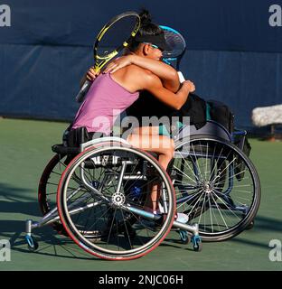 Maylee Phelps and Jade Moreira Lanai react during a junior wheelchair ...