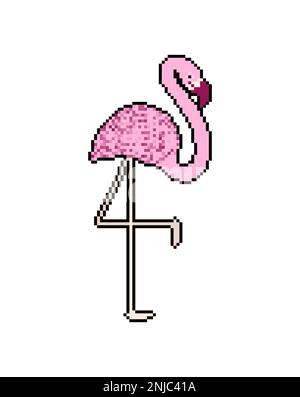 Pink flamingo pixel art isolated. 8 bit water bird with pale pink ...