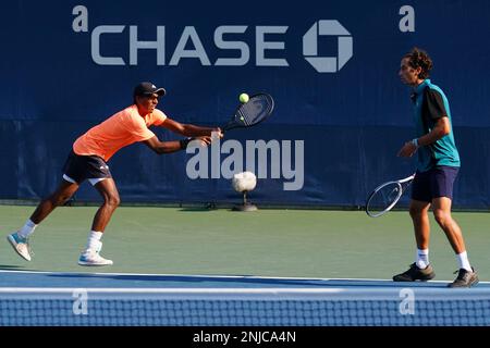 Ozan Baris and Nishesh Basavareddy during a junior boys' doubles ...