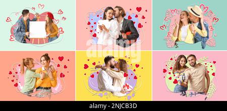 Collage with happy couples on color background. Valentine's Day ...