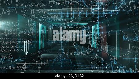 Image of mathematical equations and digital screens over black ...