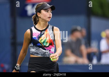 Iva Jovic in action during a junior girls' singles match at the 2022 US ...