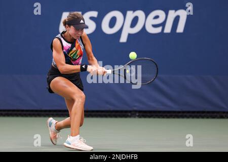 Iva Jovic in action during a junior girls' singles match at the 2022 US ...
