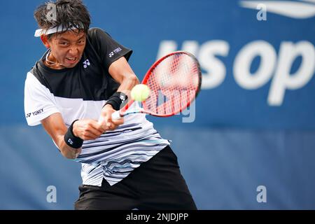 Aidan Kim in action during a junior boys' singles match at the 2022 US ...