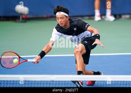 Aidan Kim in action during a junior boys' singles match at the 2022 US Open, Monday, Sep. 5 ...