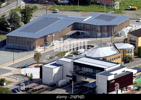 An aerial photo shows Futaba station and surroundings in Futaba ...