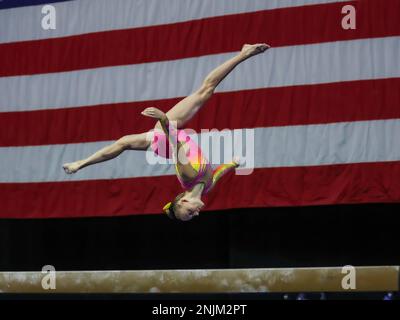 July 30, 2022: Marissa Neal of GAGE does a flip on the balance beam ...