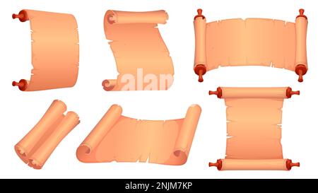 Cartoon parchment rolls, blank scrolls and royal paper banners. Open and convoluted antique ...