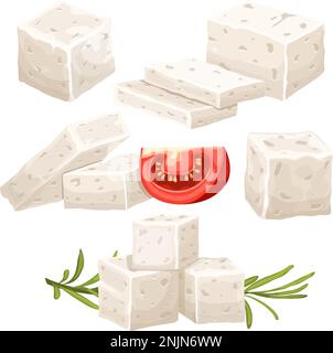 Feta soft cheese. Cartoon greek brined curd white peace made from ...