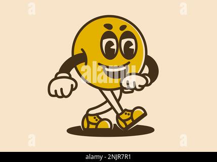 Ball head mascot character walking with happy face, drawing in vintage ...