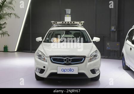 A self-driving taxi "Robotaxi" of Baidu is driven at Baidu Apollo Park ...