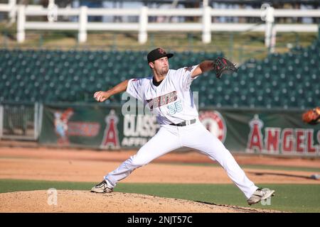 Chase Chaney (25) of the Inland Empire 66ers pitches against the ...
