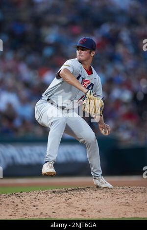 Team Stripes relief pitcher Jonathan Santucci (23) (Duke) in action ...