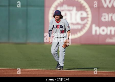 Jake Gelof (18) (Virginia) of Team Stripes at bat against Team Stars at ...