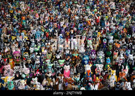 Furries pose for the annual Fursuit Group Photo at the Anthrocon ...