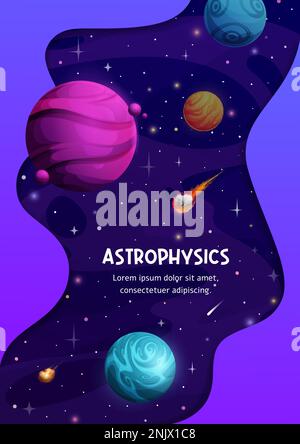 Astrophysics poster with starry galaxy and planets in space, vector ...