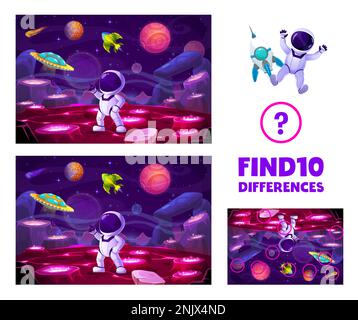 Find ten differences on space landscape with astronauts and galaxy ...