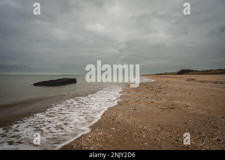 Old shipwrech from world war Two, at the coast of Utah Beach, France ...