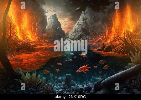 Game background landscape with volcanoes and lava in 10,000 BC ...